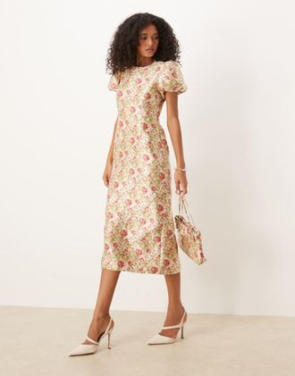 Sister Jane Dream Sister Jane - Robe mi-longue en jacquard &agrave; manches bouffantes - Imprim&eacute; fleurs-Multicolore
