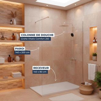 GROHE Dusch-Komplettset - Walk-In Duschwand 140x200 Chrom + Grohe Vitalio 2 Strahlarten + Gussmarmor-Duschwanne Wei&szlig; 140x80