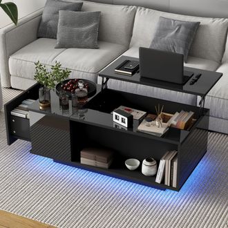 Merax Couchtisch Schwarzer Höhenverstellbar 100x50 cm mit LED & Verstecktem Stauraum, Wohnzimmertisch mit Schublade, Hochglanz Sofatisch Modern, Kaffeetisch