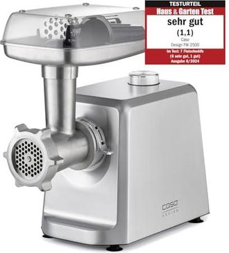 Caso FW 2500 Silber, Fleischwolf mit leistungsstarken 2500 Watt, Testurteil: Sehr Gut, Titan Klinge, Rücklauf-Funktion, Zubehör inkl. Burgerpresse