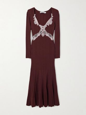 Self Portrait Midikleid Aus Rippstrick Mit Spitzenbes&auml;tzen - Braun