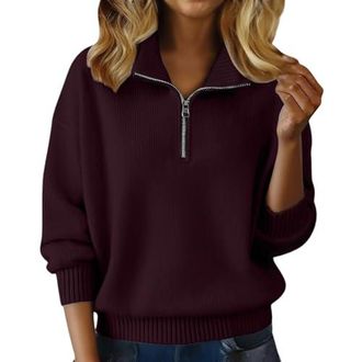 Generic Pull en casmere &agrave; fermeture &eacute;clair 1/4 pour femme - Col montant - Manches longues - Coupe ample - D&eacute;contract&eacute; - Hiver - Confortable, violet fonc&eacute;, 3XL