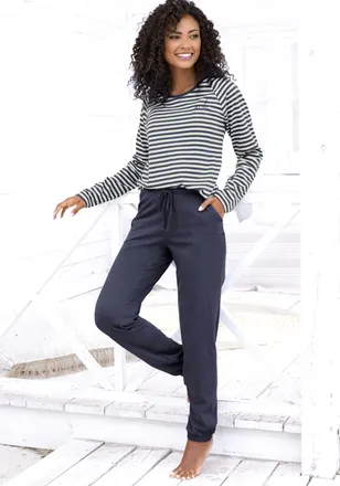 Vivance Pyjama VIVANCE DREAMS, Damen, Gr. 32/34, blau (dunkelblau), Single Jersey, Obermaterial: 100% Baumwolle, bestickt, gestreift, Basic, bequem lang, Rund