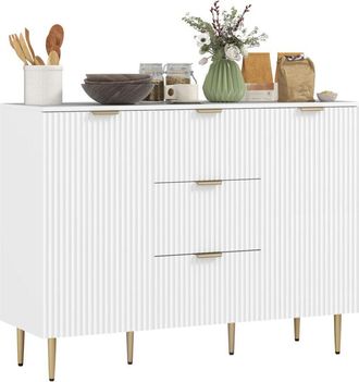 HOMCOM Buffet meuble cuisine rangement avec 3 tiroirs, &eacute;tag&egrave;res r&eacute;glables, placards &agrave; portes cannel&eacute;es, 120 x 40 x 90 cm, blanc-Blanc