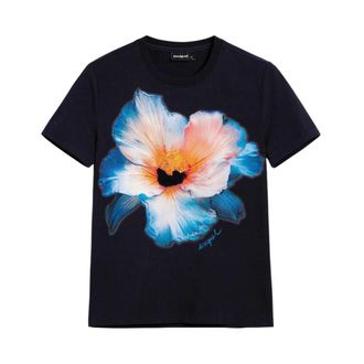 Desigual Femme, Tops, Bleu, Taille: 44 FR Floral Short Sleeve Round Neck T-Shirt