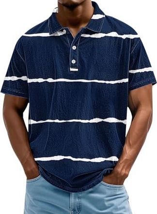 Generic Polos pour hommes d&eacute;contract&eacute;s boutonn&eacute;s ray&eacute;s imprim&eacute;s t-shirts de golf polo athl&eacute;tique col de course hauts &agrave; manches courtes vintage grande taille c