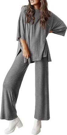 Generic Ensemble de détente doux, 2 pièces, haut à manches courtes et pantalon long, pyjama confortable et plissé, gris, XXL