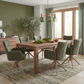 Mendler 6er-Set Esszimmerstuhl HWC-N11, Stuhl, drehbar Auto-Return Stoff Boucl&eacute; 350g/m&sup2; &Ouml;ko-Tex - gr&uuml;n, Beine Holz-Optik