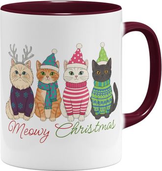 OM3 Meowy Christmas Kaffee-Tasse mit s&uuml;&szlig;en K&auml;tzchen - Weihnachtstasse 4 niedliche Katzen IV - Keramik Becher - 325ml - Beidseitig Bedruckt - Bordeaux