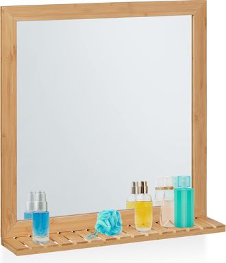 Relaxdays Wandspiegel mit Ablage, Bambus Rahmen, HBT 61,5x60x12 cm, Hängespiegel Badezimmer, Garderobe & Gäste-WC, Natur