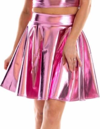 Generic Mini jupe patineuse &eacute;vas&eacute;e en cuir m&eacute;tallique brillant pour femme, jupe patineuse pliss&eacute;e taille haute pour festival, spectacle, f&ecirc;te, tenue iris&eacute;e fl