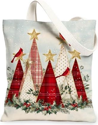 Generic Sac fourre-tout en toile motif sapin de Noël, sac dépicerie réutilisable, léger et lavable, sac en toile pour voyage, pique-nique, shopping, 33 x 38 c