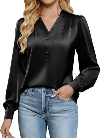 Generic Chemisier &agrave; manches longues pour femme grande taille - Chemisier en satin pour femme - Chemisier habill&eacute; &eacute;l&eacute;gant &agrave; col en V - Chemise fine et l&eacute;g&egrave;re -