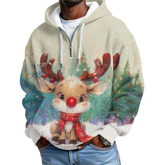 Generic Sweat à capuche de Noël pour homme avec impression de rennes - Sweat à manches longues - Pull dhiver avec fermeture éclair et motif de Noël, Kaki (01)