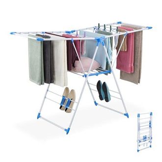 Relaxdays W&auml;schest&auml;nder klappbar, 2 Fl&uuml;gel, 2 Ebenen, Fl&uuml;gelw&auml;schest&auml;nder, HBT: 99x155x61cm, W&auml;schetrockner, wei&szlig;/blau