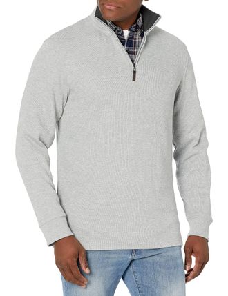 Amazon Essentials Herren Pullover mit Viertelreißverschluss, Französischer Rippstrick, Hellgrau Meliert, XL