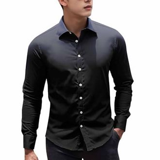 Generic DENGJIAMY Chemise habill&eacute;e d&eacute;contract&eacute;e daffaires boutonn&eacute;e chemise classique basique unie t-shirt &agrave; manches longues hauts col chemisier pour homme, v