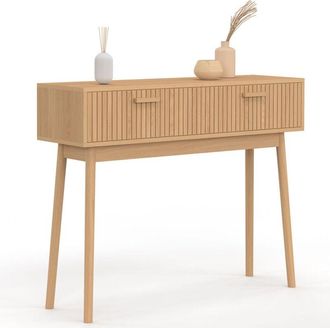 IDMarket Console 2 tiroirs juliette lattes tasseau bois coloris ch&ecirc;ne