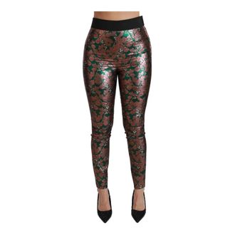 Dolce & Gabbana Femme, Pantalons, Multicolore, Taille: 32 FR Leggings de Luxe Verts &agrave; Feuille de Bronze