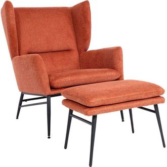Hhg Neuwertig] Lounge-Sessel mit Ottomane HHG 259, Ohrensessel Polstersessel Cocktailsessel Hocker, Stoff/Textil terracotta-braun
