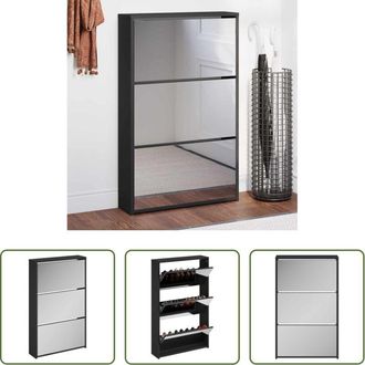 vidaXL Schuhschrank mit Spiegel - Schuhschrank mit Spiegel 3-lagig Schwarz 63x17x102,5 cm