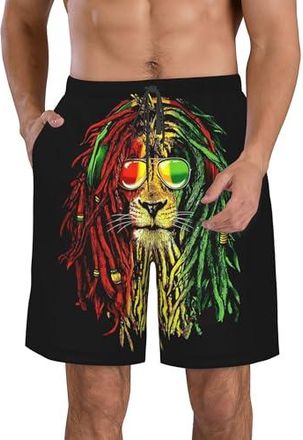 AOOEDM Reggae Rasta Lion Jamaica Rock Music Lover Short de Plage pour Hommes avec Poches Short de Bain dété