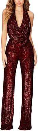ORANDESIGNE Femme Combinaison &agrave; Paillettes avec Col en V Profond &Eacute;l&eacute;gant Paillet&eacute; Jumpsuit Sans Manches Jambes Larges Playsuit Scintillante Long Pantalon Cocktail