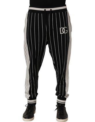 Dolce & Gabbana Black Striped Dg Patch Men Sweatpants Pants And White Cotton