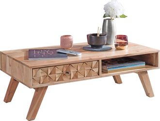 WOHNLING Couchtisch Rewa 95x35x50cm Akazie Massivholz Sofatisch, Design Wohnzimmertisch mit Schublade, Stubentisch Landhaus Braun, Designer Holztisch Kaffeetis