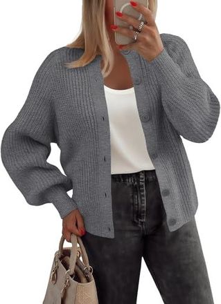 Zeagoo Cardigan Femme Court Tricot Col Rond Ouvert avec Boutons Pull &Eacute;l&eacute;gant D&eacute;contract&eacute; Gilet en Maille pour Femme Gris fonc&eacute; XL