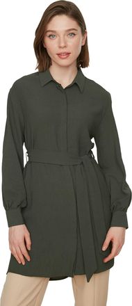 Trendyol Trendyol Womens G&uuml;rtiertes verstecktes Pat-gewebte Hemd Tunic Shirt, Green, 40