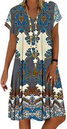 Onsoyours Robe Été Femme de Plage Rétro Boho Robes Col V Robes Manches Courte Imprimé Floral Casual Robe Mini J Gris XXL