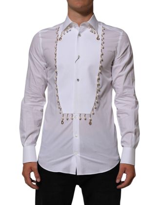 Dolce & Gabbana Mens White Cotton Dg Logo Pearl Gold Formal Shirt