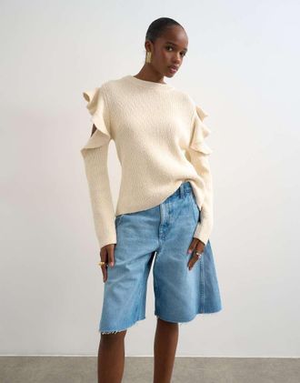 Topshop Strickpullover in Elfenbeinwei&szlig; mit R&uuml;schen&auml;rmeln-Gr&uuml;n