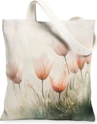 Generic Sac fourre-tout en toile motif tulipes printani&egrave;res pour le shopping, 33 x 38 cm, sac d&eacute;picerie r&eacute;utilisable pour femme, peinture de voyage florale, d