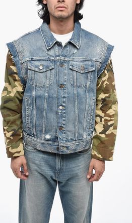 Celine Distressed Denim Jacket with Camouflage-Print Sleeves Celine