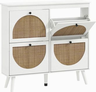 HOMCOM Homcom - Meuble &agrave; chaussures 4 portes abattantes - Capacit&eacute; 20 paires - Dimensions 105x24x97,5 cm - Fa&ccedil;ades en rotin - Pieds en pin blanc