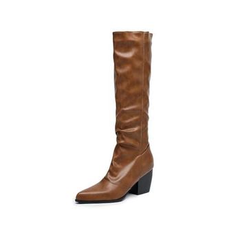 Generic Bottes Hautes Pour Femmes, Élégantes Bottes Souples En Cuir PU Vintage Avec Talon Bloc Et Bout Pointu Confortables Et Faciles À Enfiler Pour Lautomne 