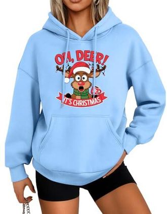 Generic Sweat &agrave; capuche imprim&eacute; graphique pour femme, motif &eacute;lan surdimensionn&eacute;, chandail &agrave; capuche, v&ecirc;tements dautomne et dhiver, pour voyage, bleu clair, XL
