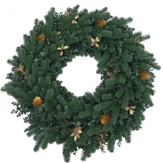 Mendler K&uuml;nstlicher Kranz HWC-O98, T&uuml;rkranz Tischkranz, Deko k&uuml;nstlich &Oslash; 60cm - Tanne mit goldfarbenen Zapfen