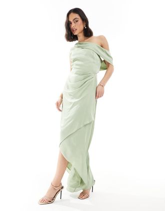 Tfnc Robe longue de demoiselle dhonneur asym&eacute;trique en satin avec jupe portefeuille - Sauge-Vert