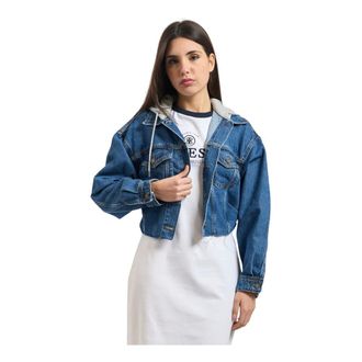 Guess Femme, Vestes, Bleu, Taille: 40 FR Veste en jean courte &agrave; capuche