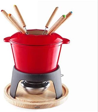 Lacor Lacor - 71711 - Fondue-Set aus emailliertem Eisen, Eisenständer mit Holzsockel, induktionsgeeignet, 6 Sehnen, Ø 16,5 x 10 cm (1,7 Liter), Rot