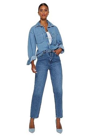 Trendyol Damen Gerade Mama Hohe Taille Jeans, Blue, 40 aux Femmes