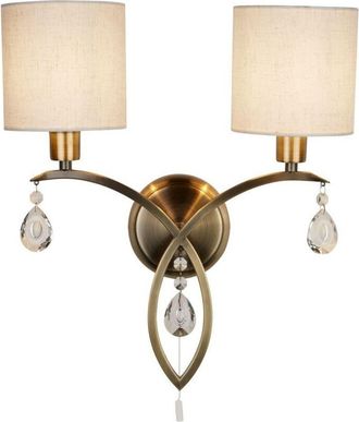 Searchlight Searchlight - Applique alberto 2L double branches m&eacute;tal Laiton antique,abatjour lin, goutte en cristal E14 2x60w avec inter