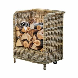 Loberon Feuerholzkorb Xabier, von Hand geflochten, mit Rollen & Griff, Kaminzubehör, Brennholzkorb, Aufbewahrung, Rattan, Gummi, braun