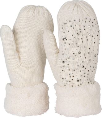 styleBREAKER Damen warme Winter Strick Fäustlinge mit Strass und Perlen, Handschuhe, Thermo Fleece, Strickhandschuhe 09010039, Farbe:Creme-Weiß