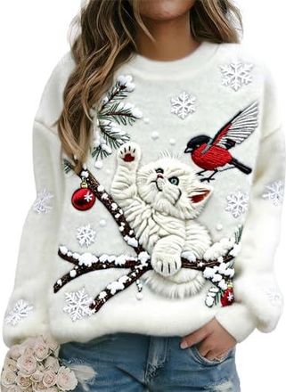 Generic Sweat-shirt de No&euml;l en flanelle avec imprim&eacute; chat pour femme, style d&eacute;contract&eacute;, &eacute;l&eacute;gant, doux et chaud, pull de No&euml;l fantaisie &agrave; col rond, haut de va