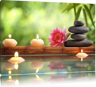 Pixxprint Herrliche Seerose mit Zen Steinen im Tempel, Größe: 120x80cm, Leinwandbild, fertig gespannt, Wandbild, Dekoration, Kunstdruck, kein Poster
