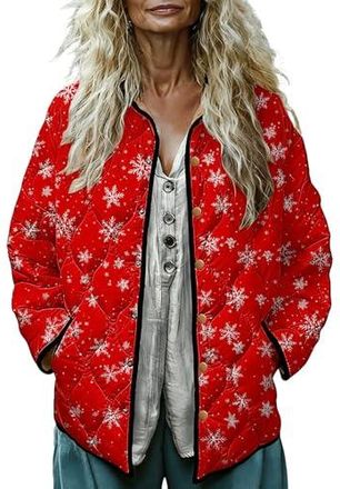 Generic Veste de Noël et de vacances fantaisie imprimée, manteau matelassé à motif graphique rétro pour femmes, veste matelassée festive, à manches longues bo